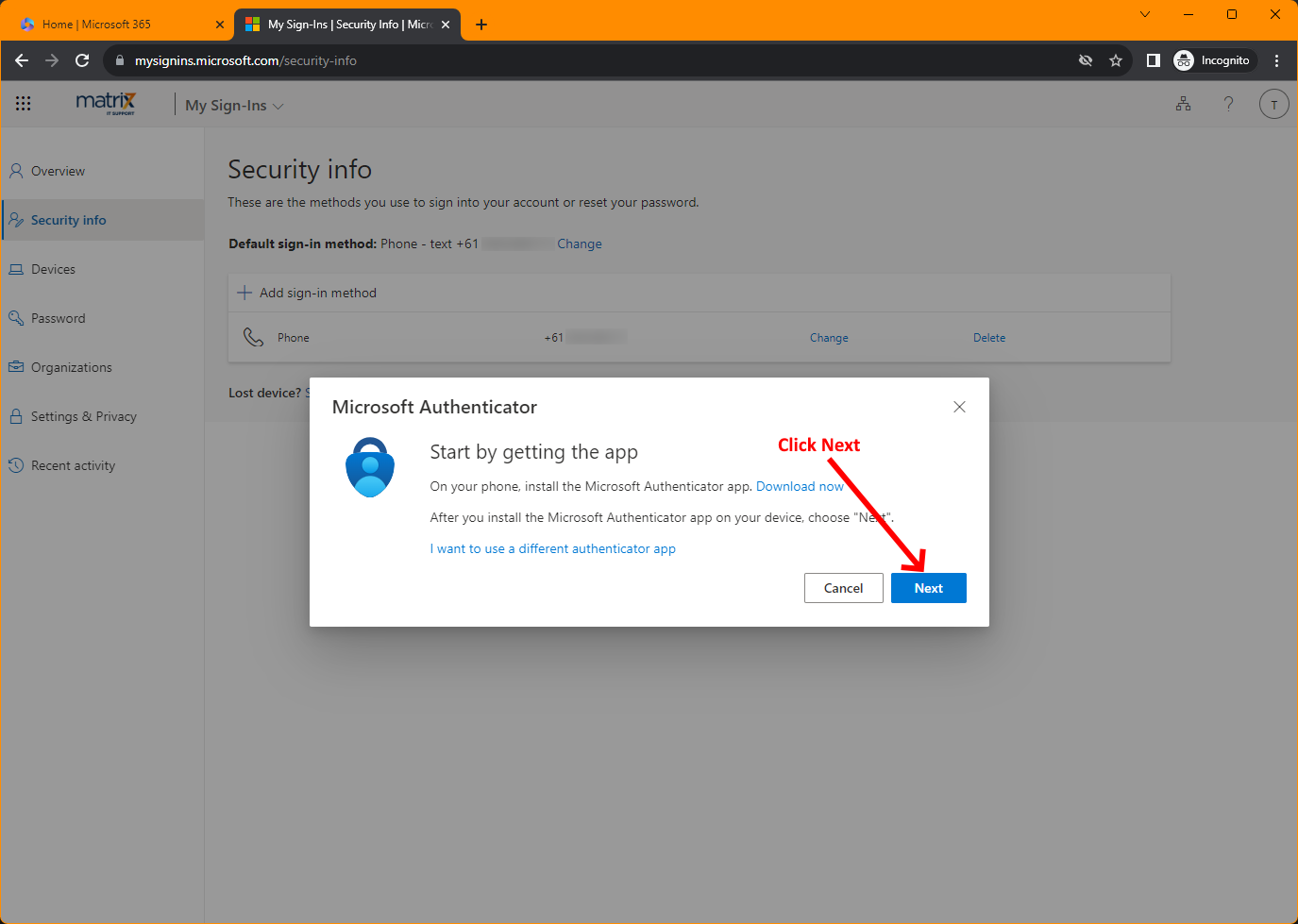 M365 - Setup Secondary Two Factor Authentication Method Using Microsoft Authenticator | Matrix 7